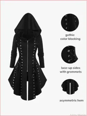 Tops | Plus Size Hooded Zip Front Laceup Gothic Asymmetrical Hem Top ...